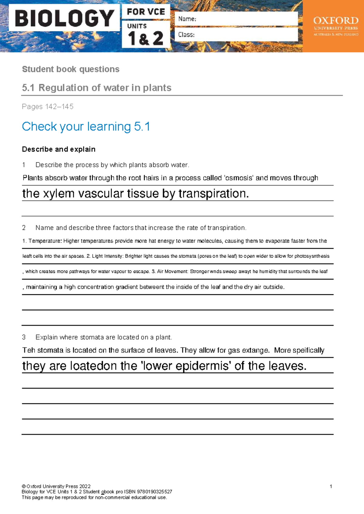 Biology 5.1: Regulation of Water in Plants - Study Questions - Studocu
