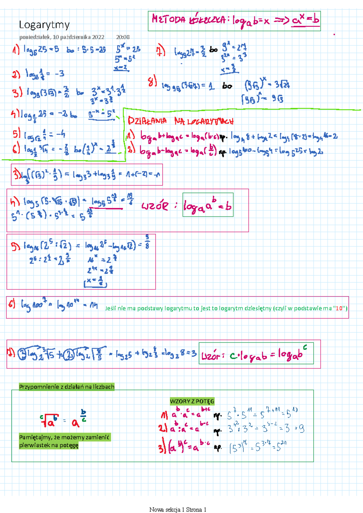 Logarytmy - notatki - Matematyka - Jeśli nie ma podstawy logarytmu to ...