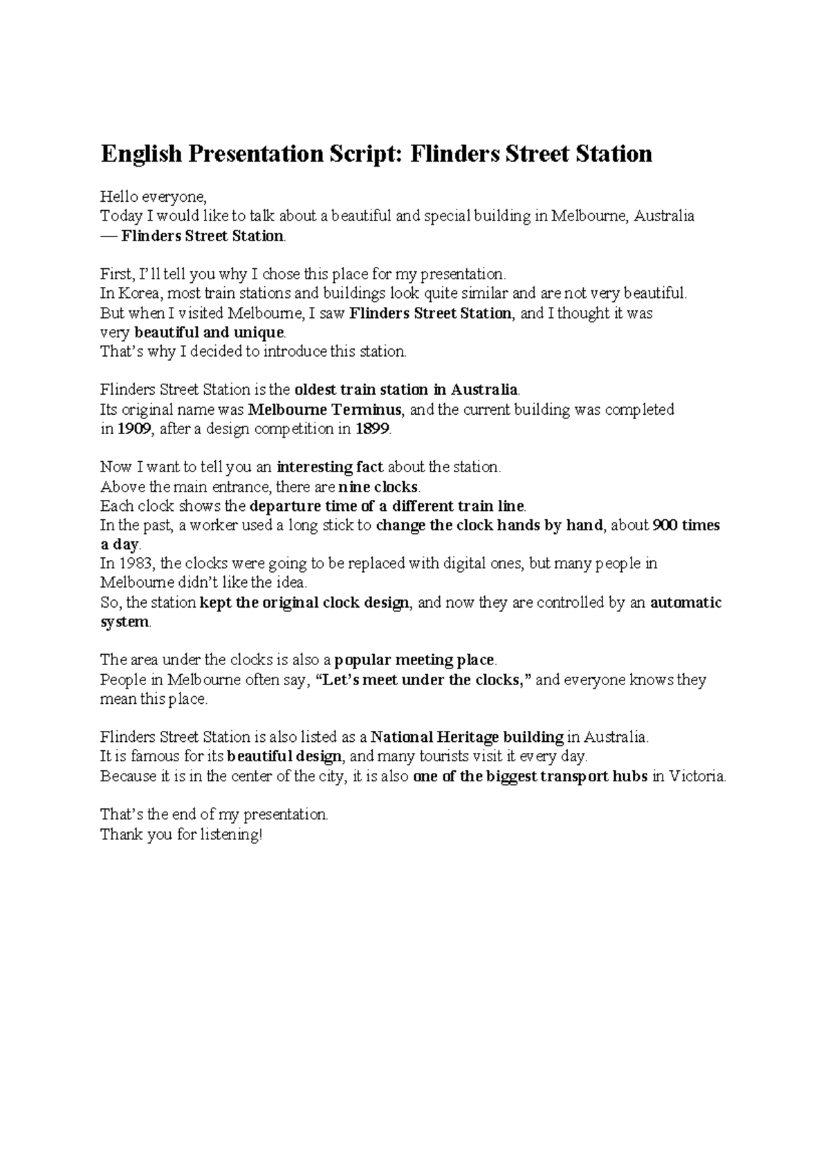ENG Presentation Script: Flinders Street Station Overview - Studocu