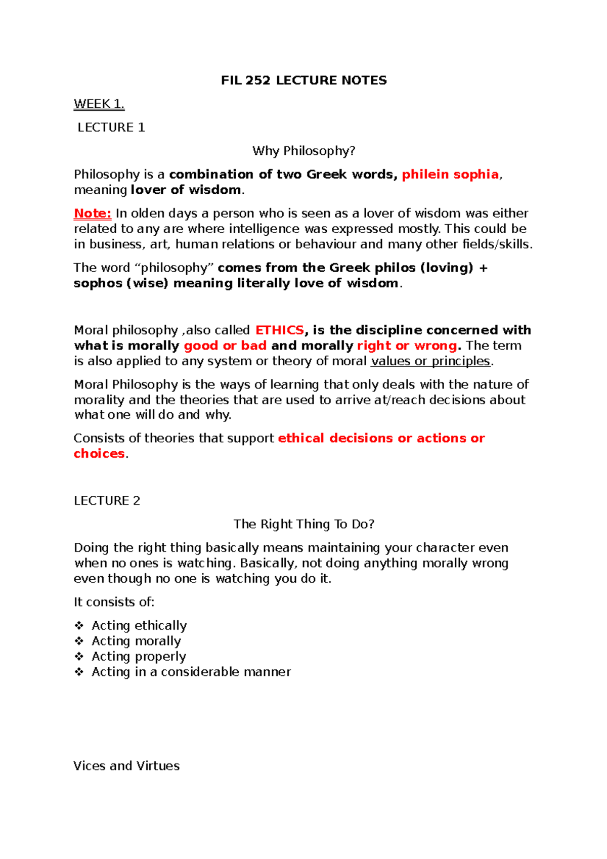 FIL 252 Philosophy: Lecture Notes on Ethics and Moral Theories - Studocu