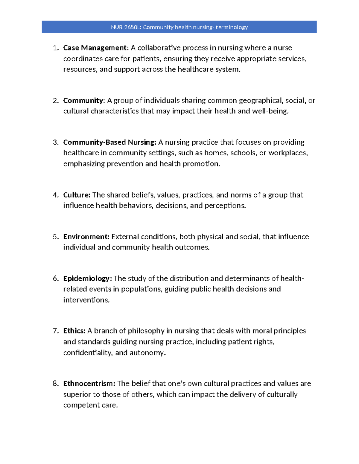 NUR 2680L: Community Health Nursing Terminology Worksheet - Studocu
