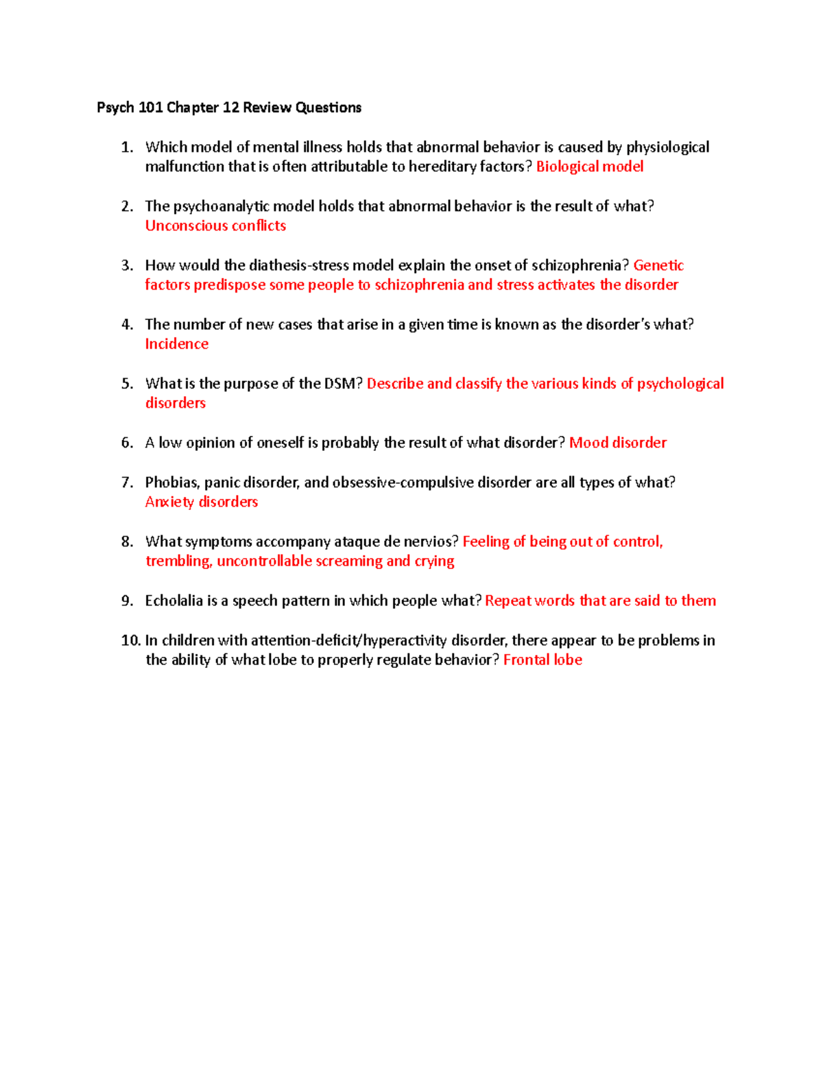 Psych 101 Chapter 12 Mental Illness Review Questions - Studocu