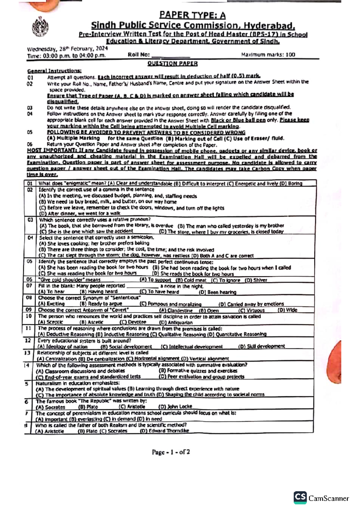 Updated Title: Headmaster SPSC - Important Notes for 02-28-2024 Exam ...