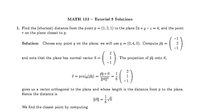 MATH 133 Tutorial 8 Solutions: Distance to Plane & Angle of ...