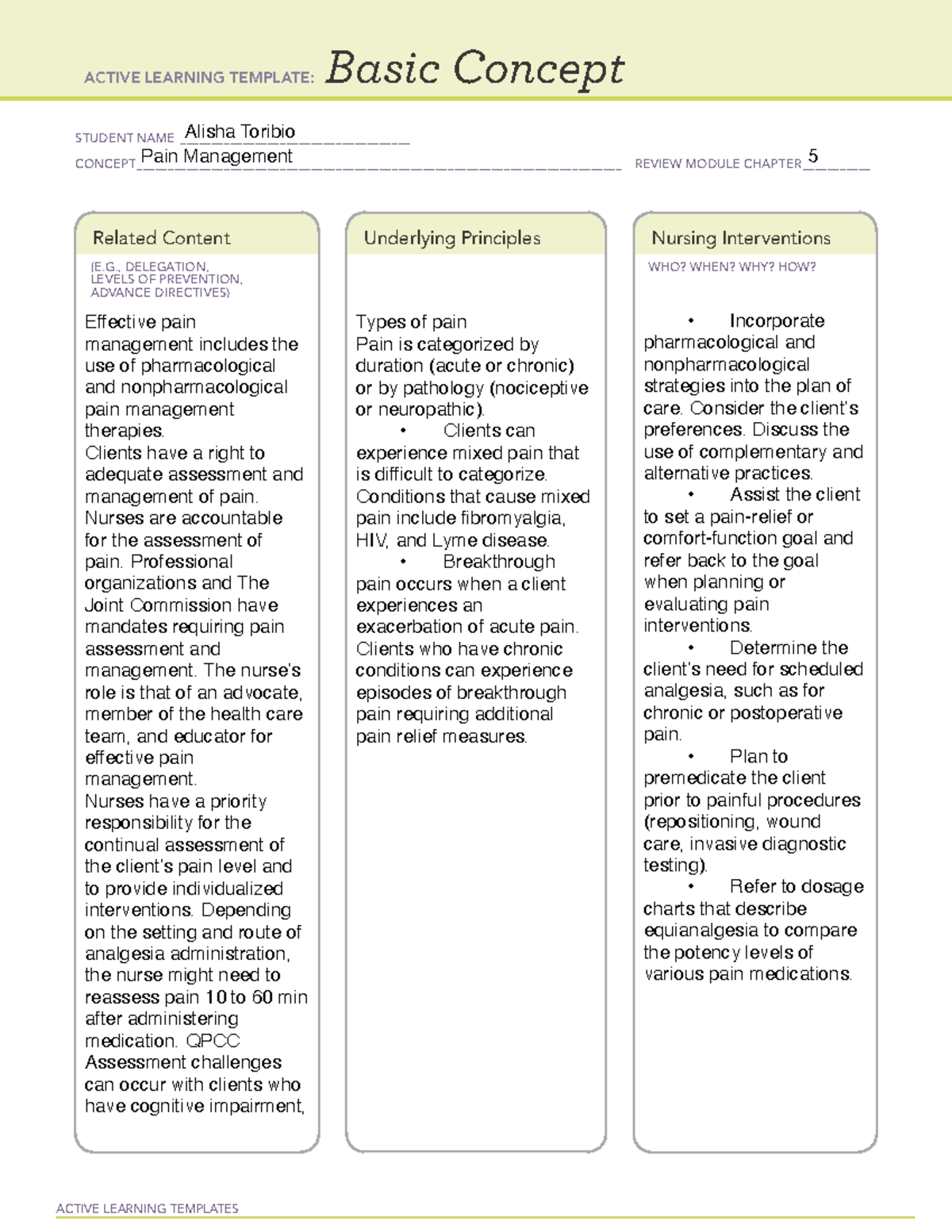 Basic concept pain - pain template - CGS NS 201 - ACTIVE LEARNING ...