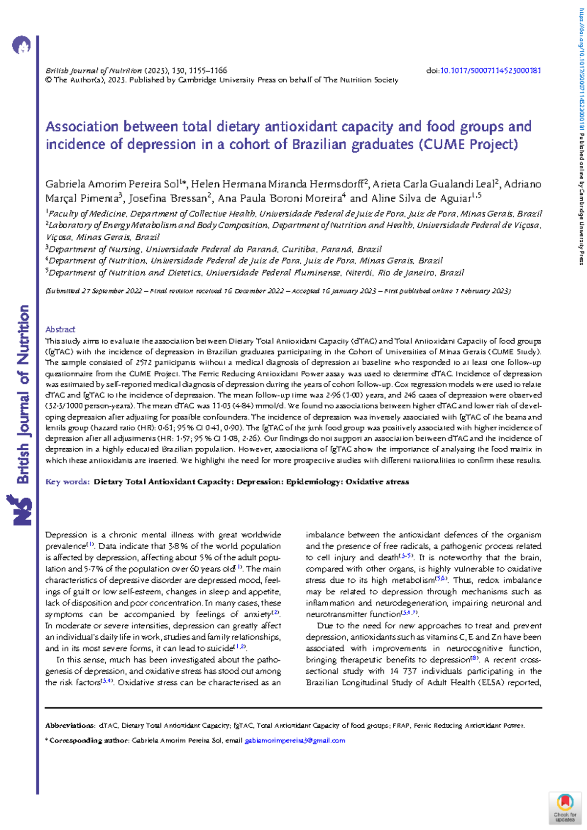 CUME Project: Dietary Antioxidants and Depression in Brazilian ...