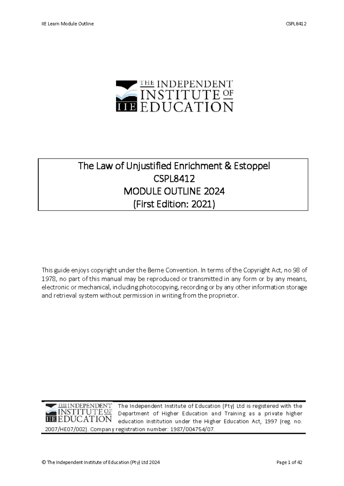 CSPL8412 Module Outline: The Law of Unjustified Enrichment 2024 - Studocu