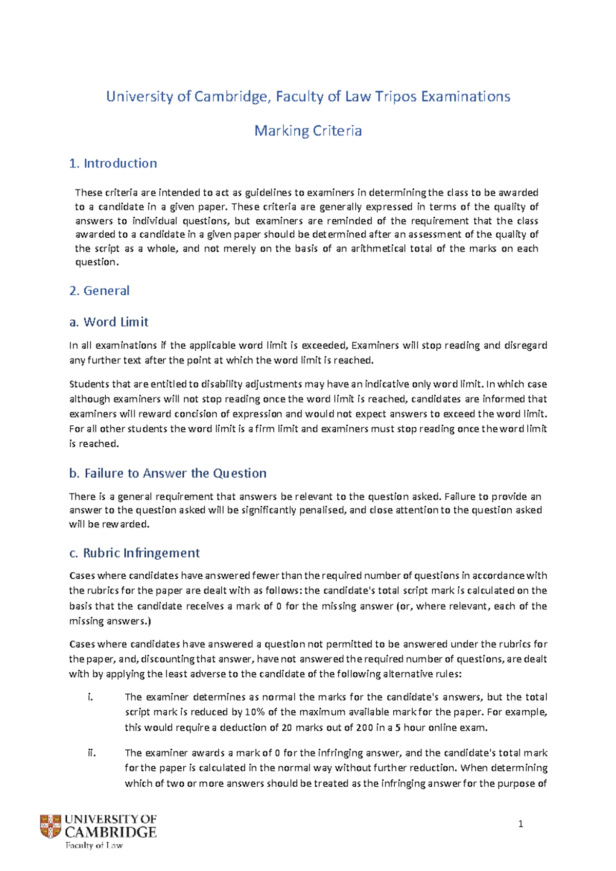 Cambridge Law Tripos Exam Marking Criteria and Guidelines - Studocu