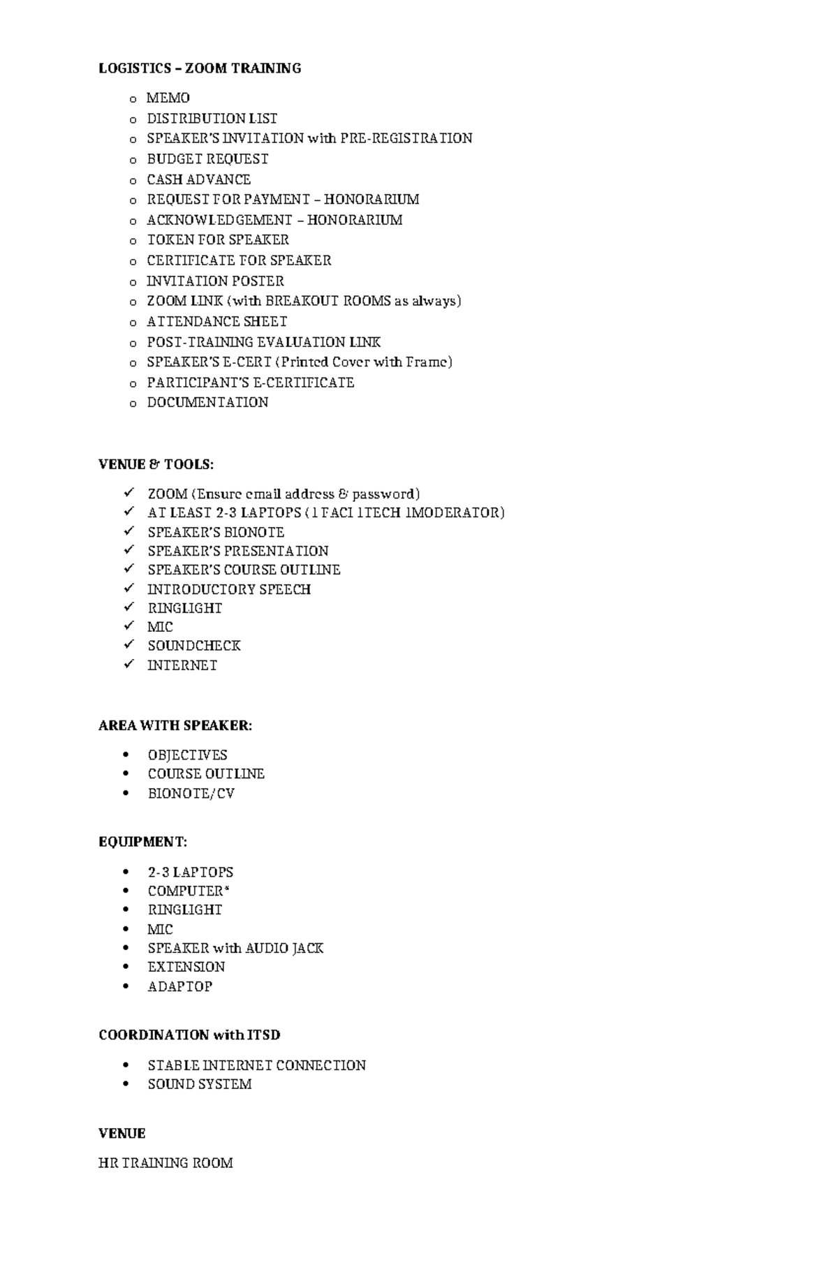 Checklist - Random - LOGISTICS – ZOOM TRAINING o MEMO o DISTRIBUTION ...