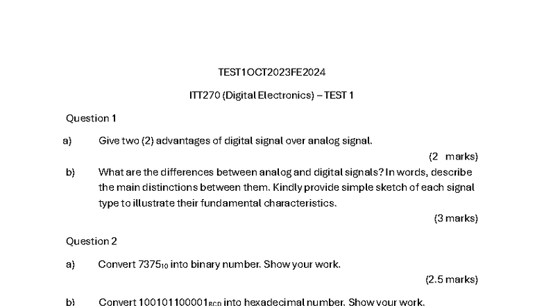 TEST1OCT2023FE2024 ITT270 Digital Electronics Test 1 Questions - Studocu