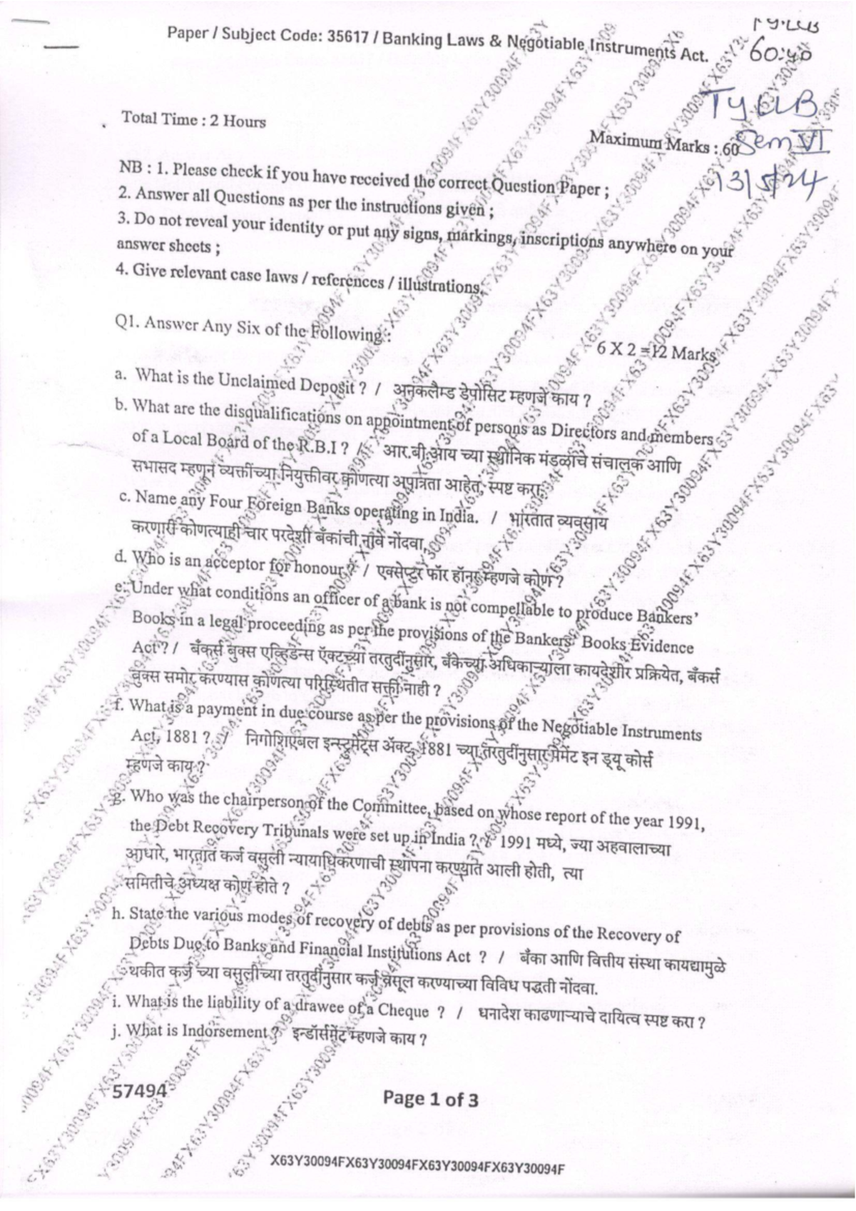 Banking Laws & Negotiable Instruments Act - Paper I (35617) - Studocu