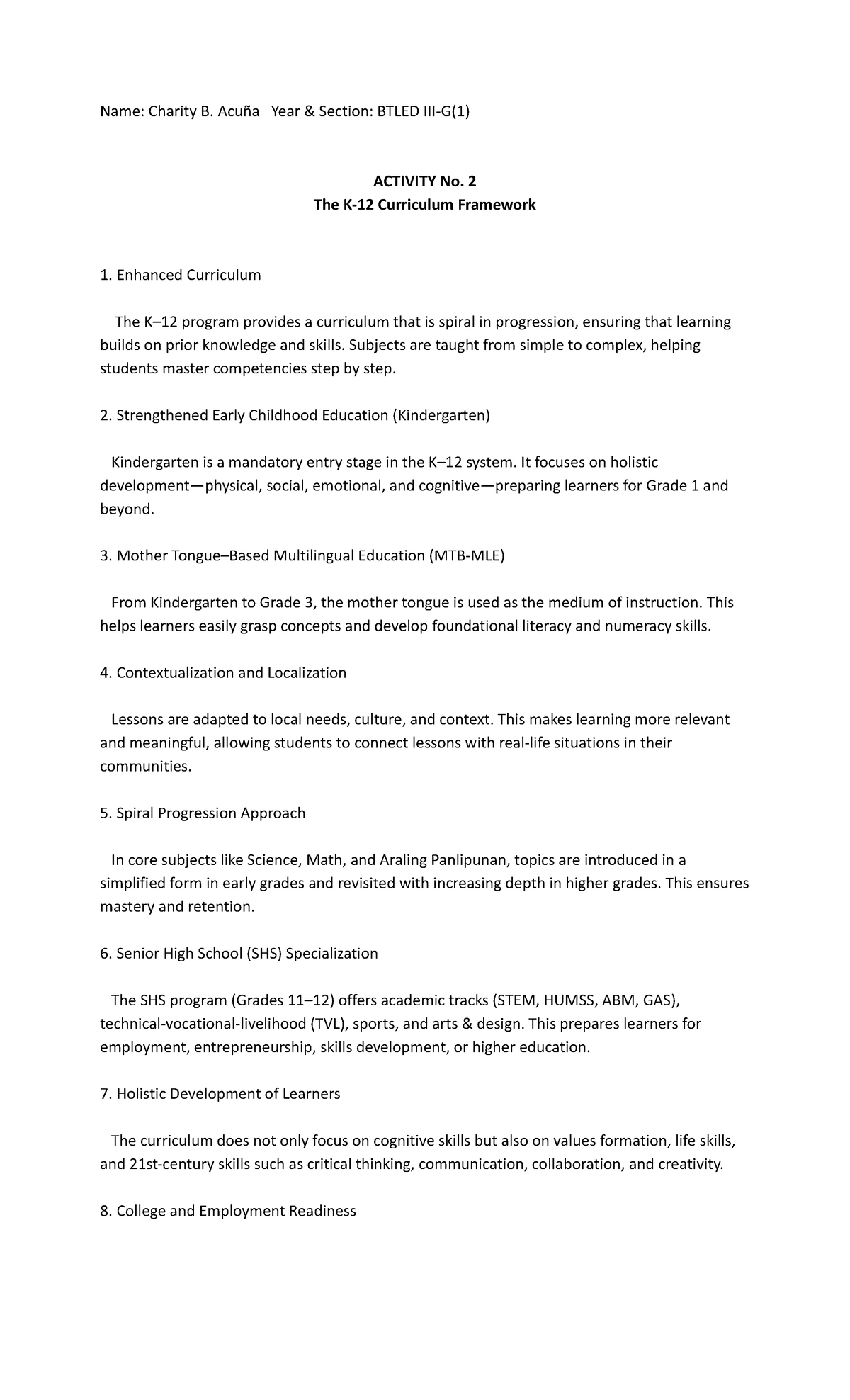BTLED Activity No. 2: The Curriculum Framework Overview - Studocu