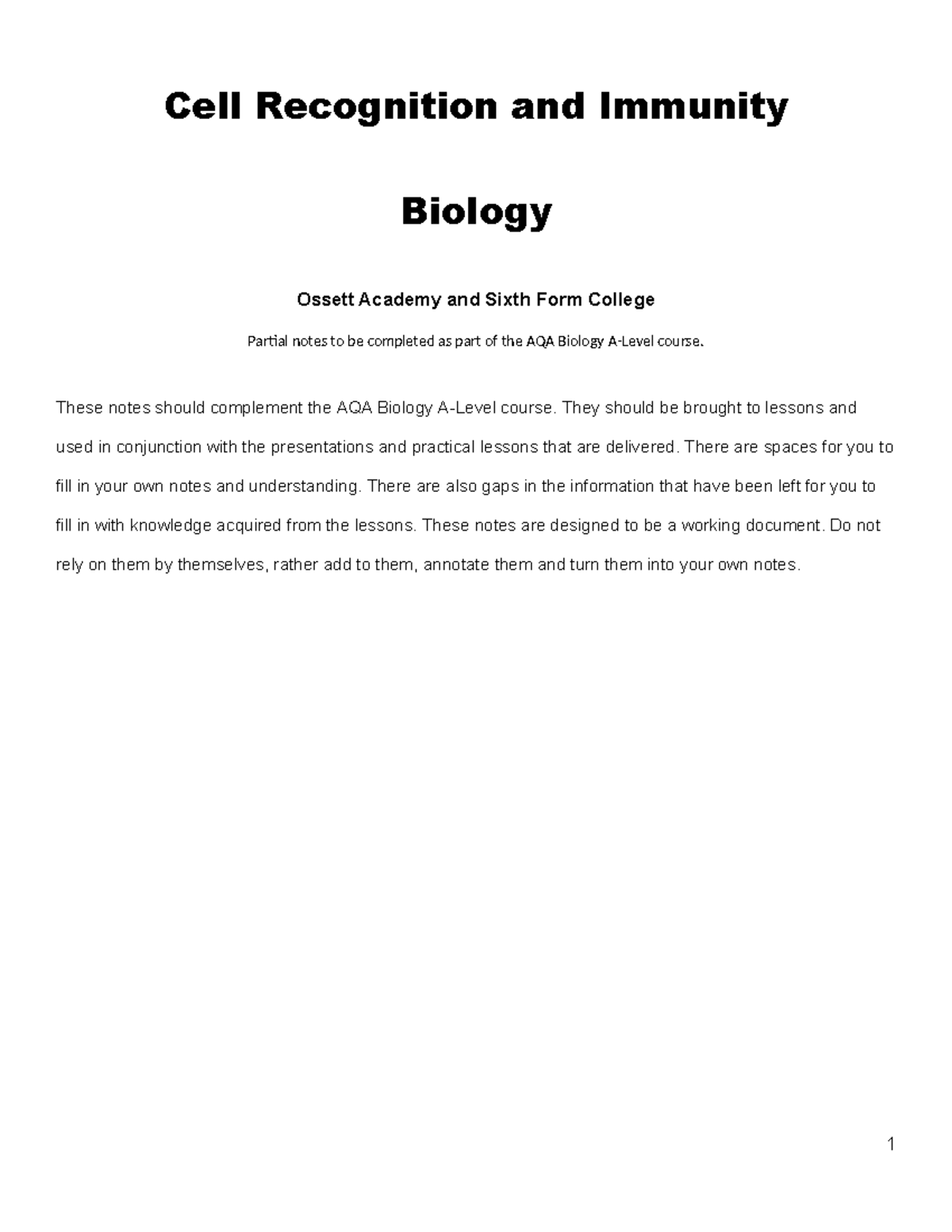 AQA Biology: Cell Recognition and Immunity Study Notes for Students ...