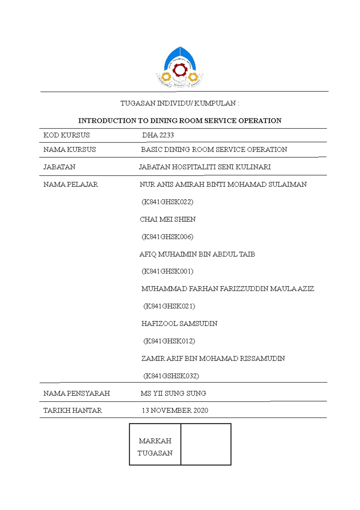 Laporan OJT Nur Anis Amirah - PERAKUAN PELAJAR “ Dengan ini saya akui ...