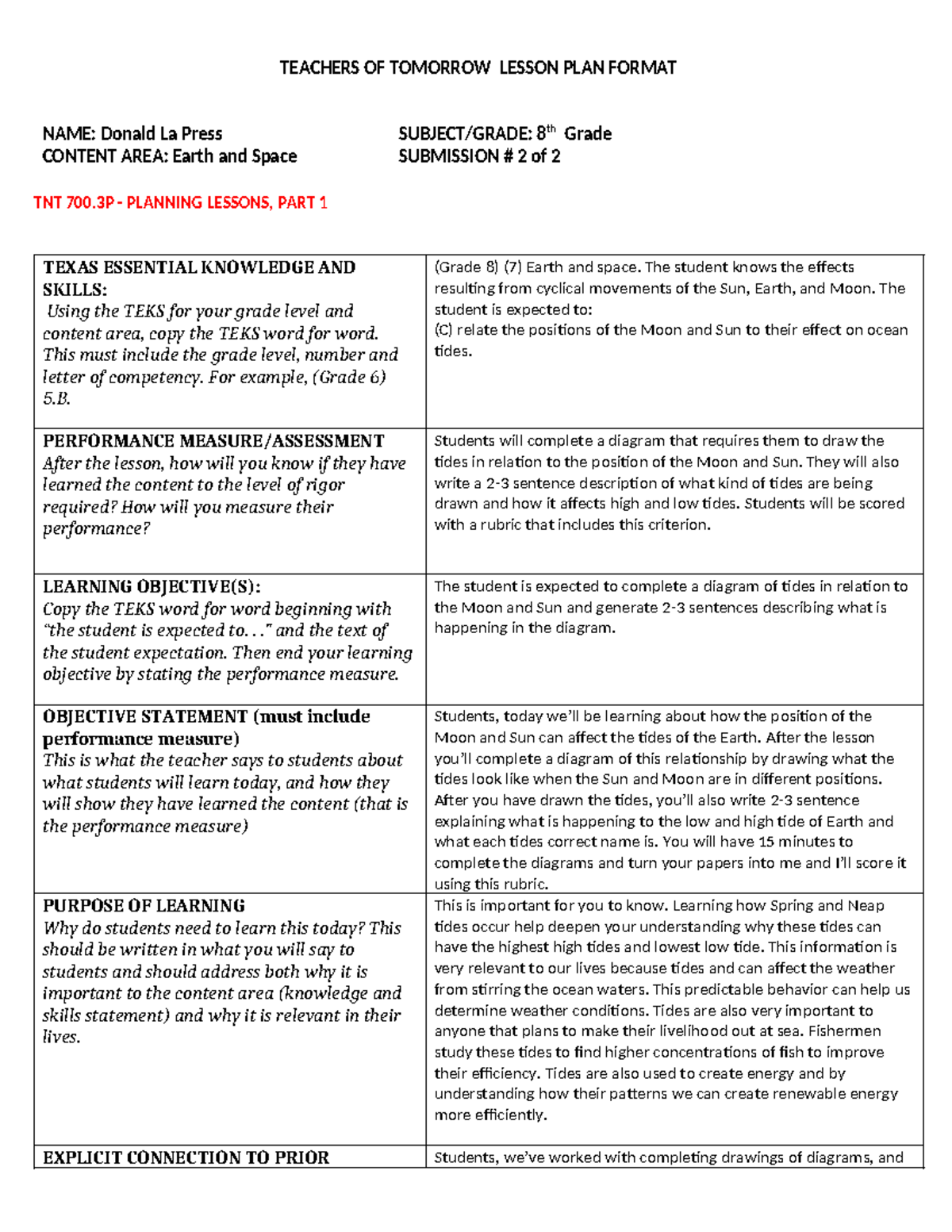 TNT 700.3P - Lesson Plan Submission #2 for Earth and Space Class - Studocu