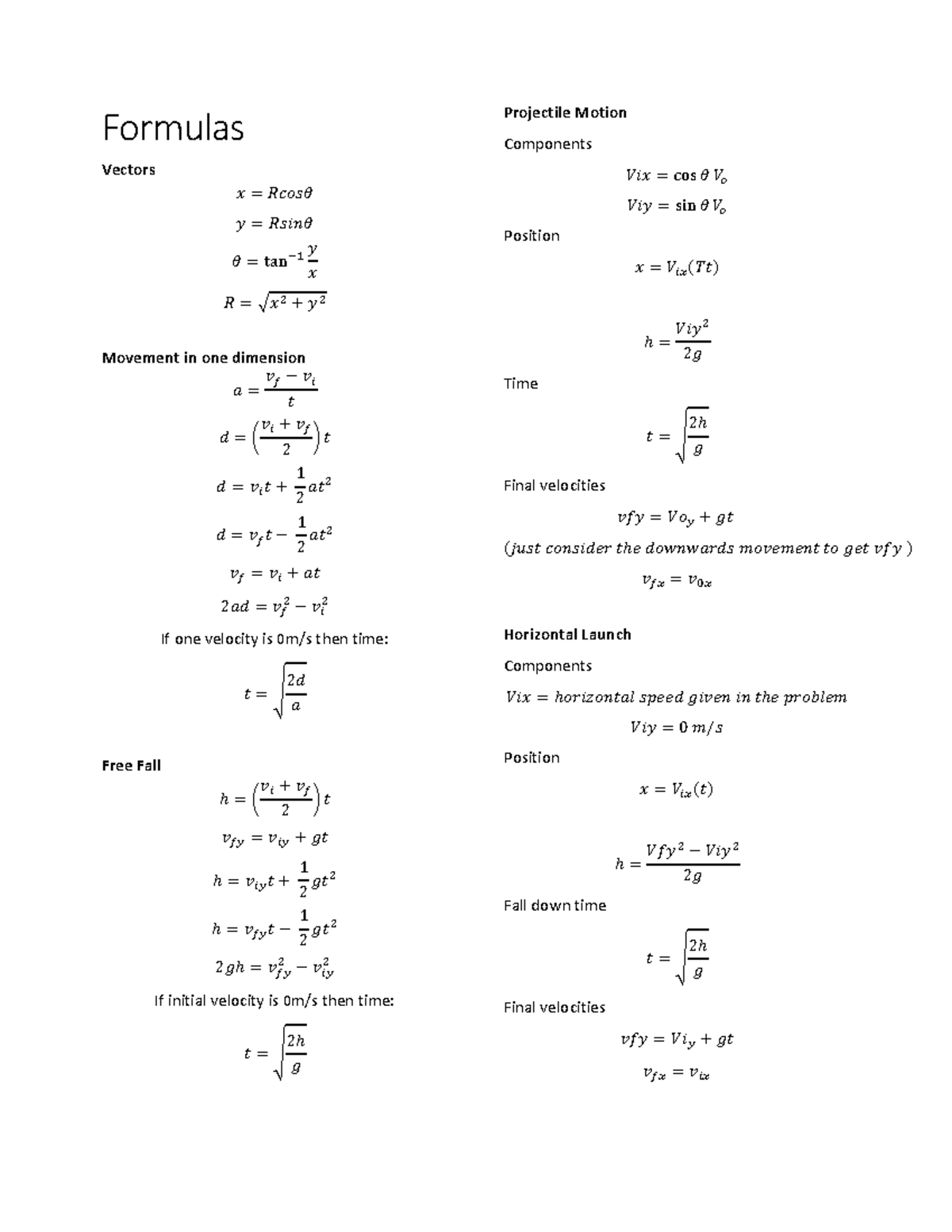 Projectile Motion Formulas and Components for Physics 101 - Studocu