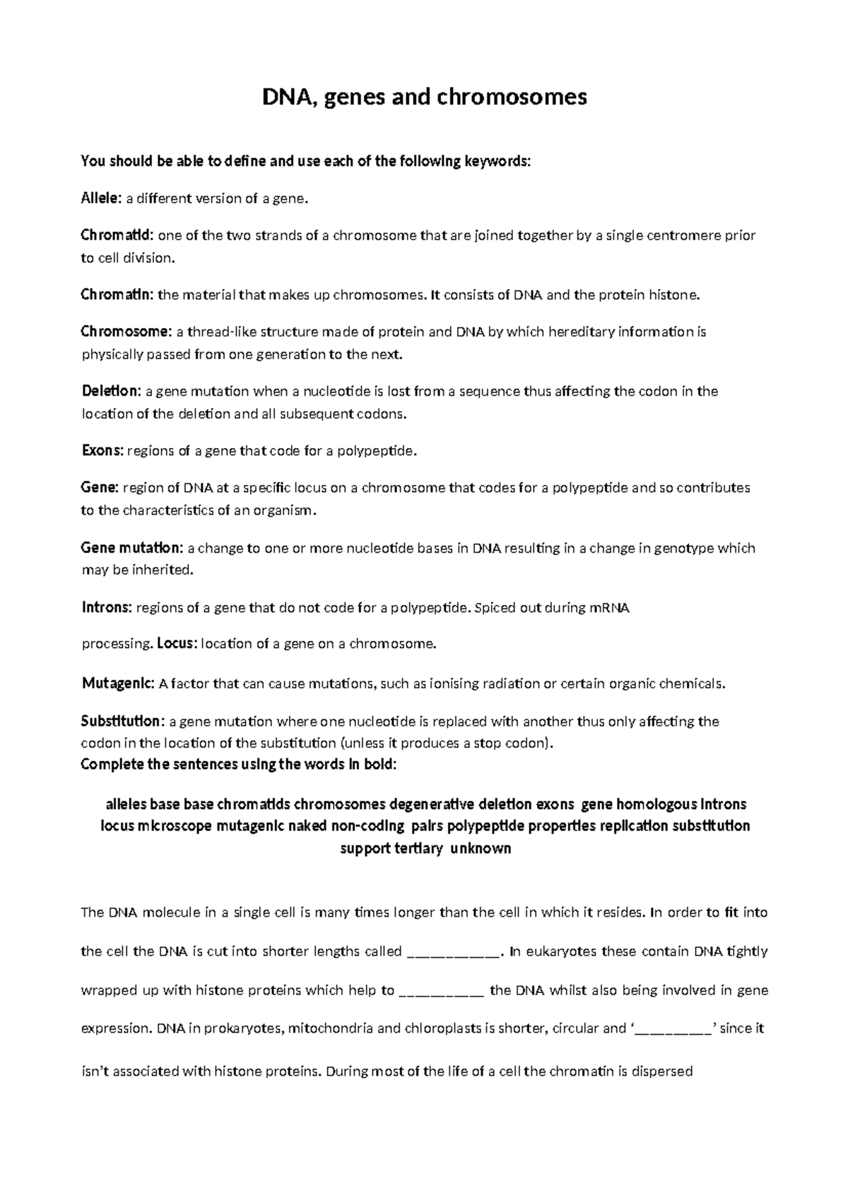 Ch8 Bio: DNA, Genes, and Chromosomes - Exam Questions Only - Studocu