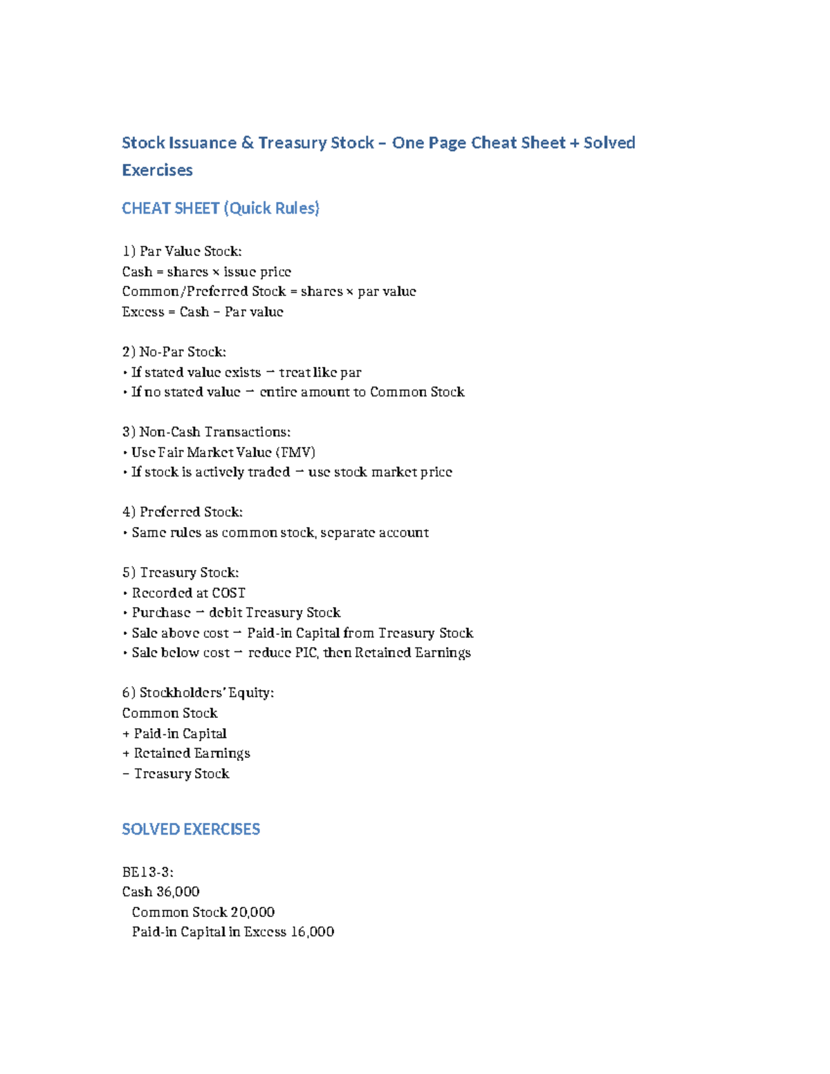 Stock Issuance & Treasury Stock Cheat Sheet (Solved Exercises) - Studocu