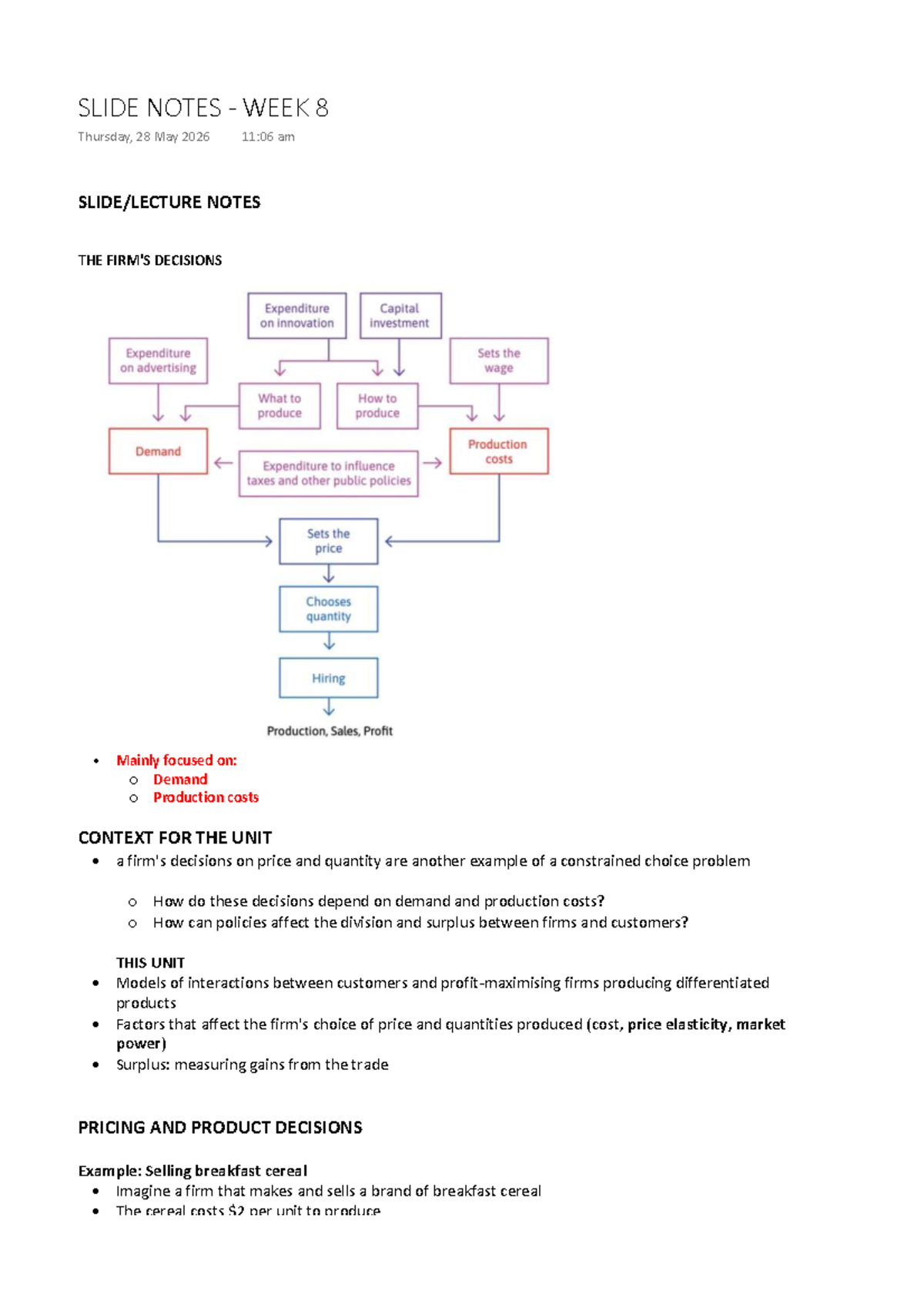 Slide Notes - WEEK 8: Pricing, Production, and Demand Decisions - Studocu