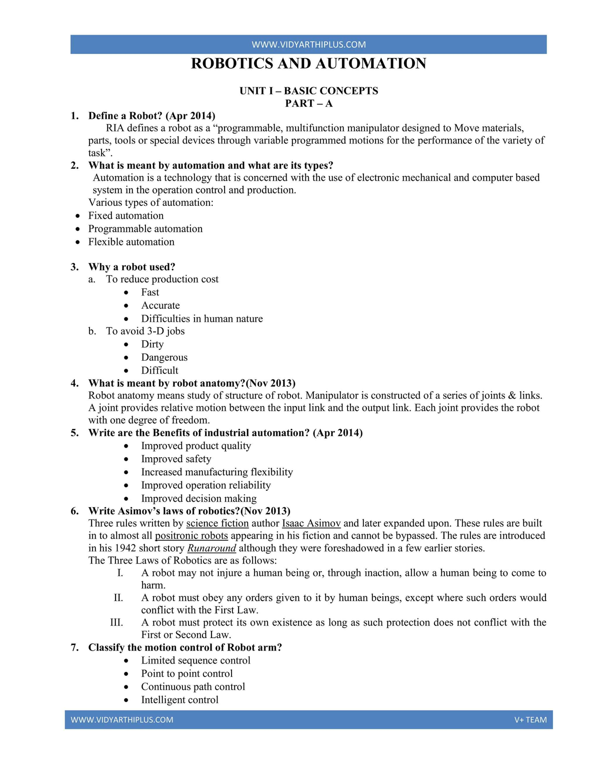 Roboticsqb - AAAA - ROBOTICS AND AUTOMATION UNIT I BASIC CONCEPTS PART ...