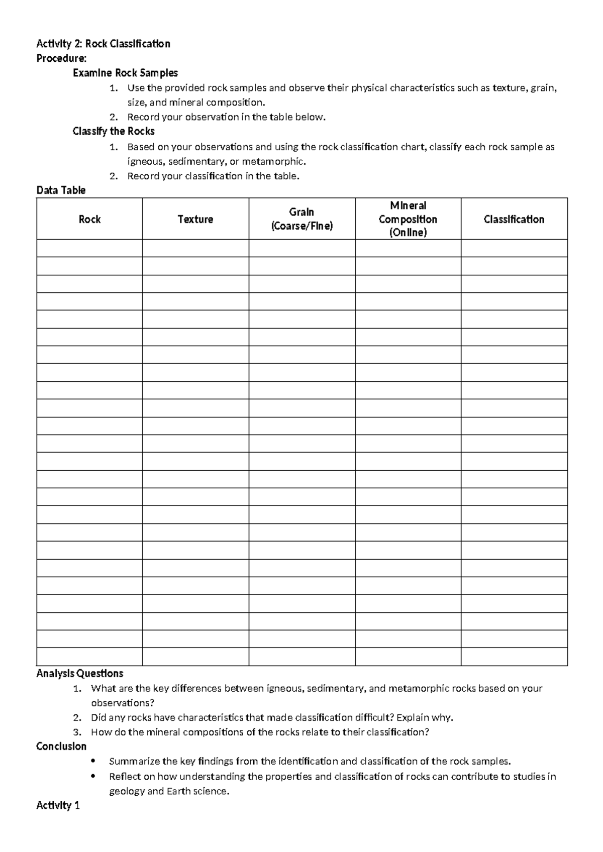 Earth Science: Rock Classification Activity 2 Guide - Studocu