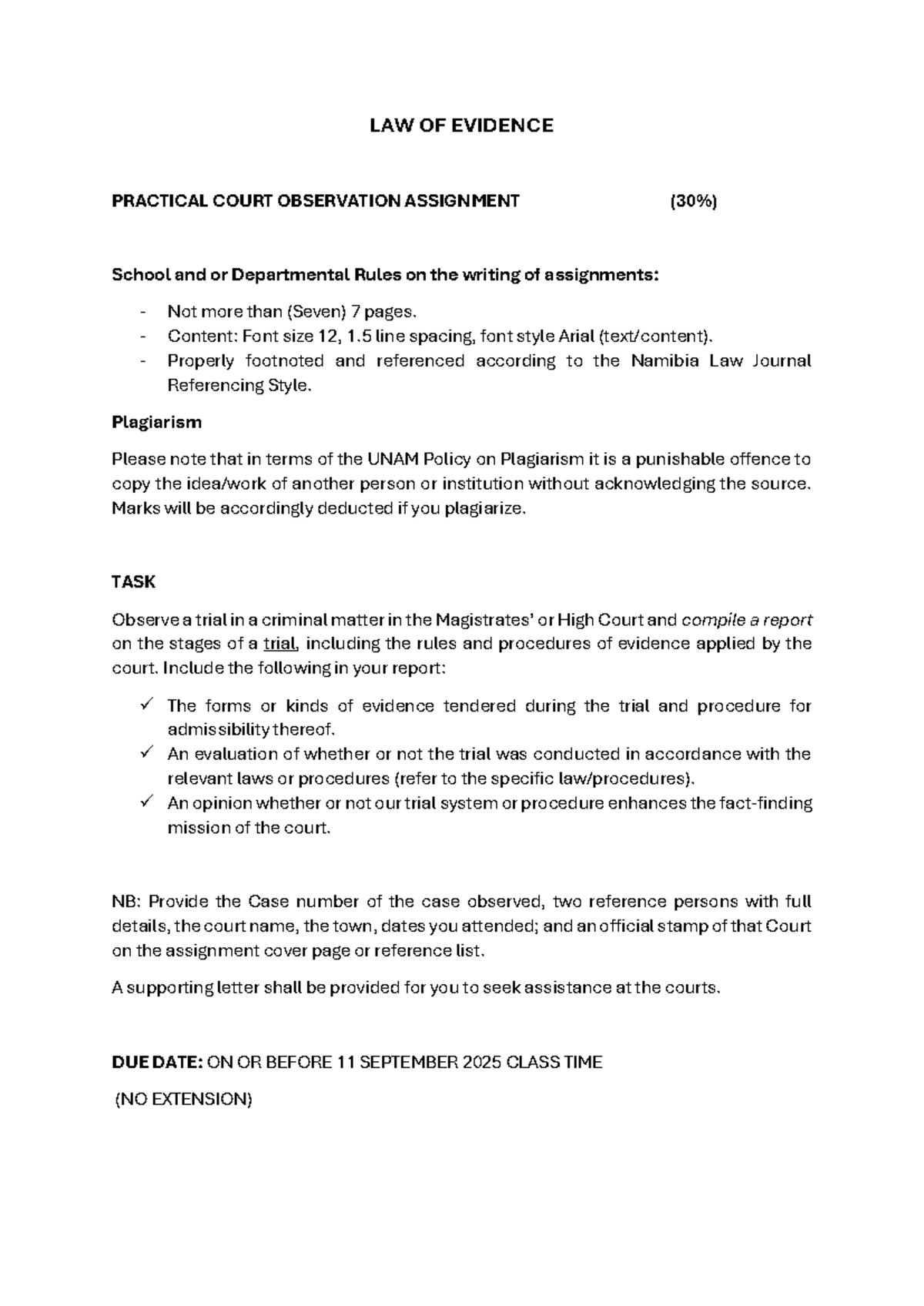 LAW OF EVIDENCE: COURT OBSERVATION ASSIGNMENT (250514) - Studocu