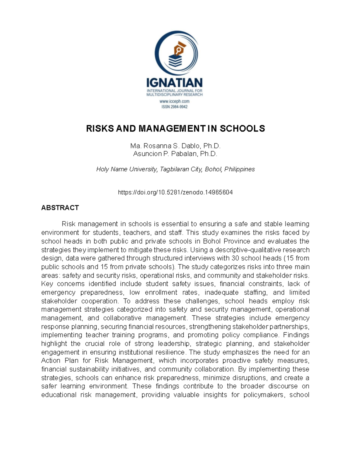 Risk Management Strategies in Schools: Insights from Bohol Province ...