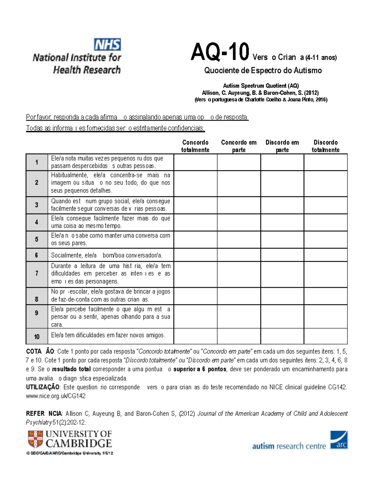 AQ10 Criança: Questionário sobre o Quociente de Espectro do Autismo ...