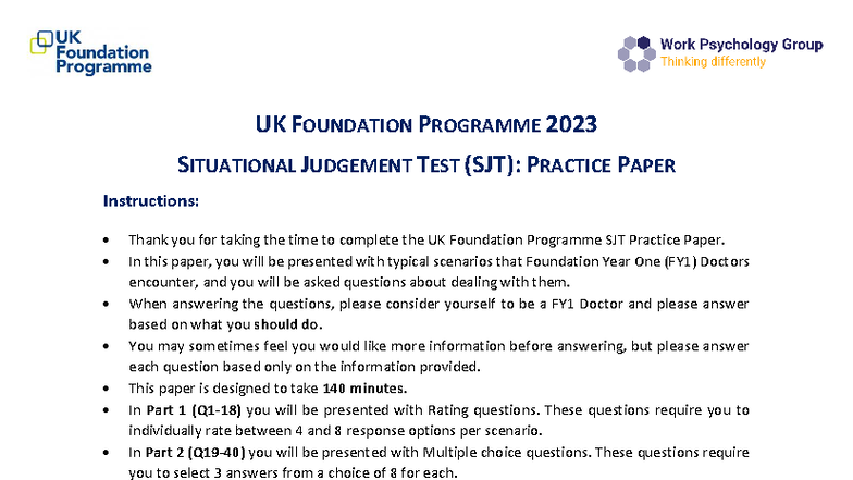 UKFP 2023 SJT Practice Paper: Situational Judgement Test Guide - Studocu