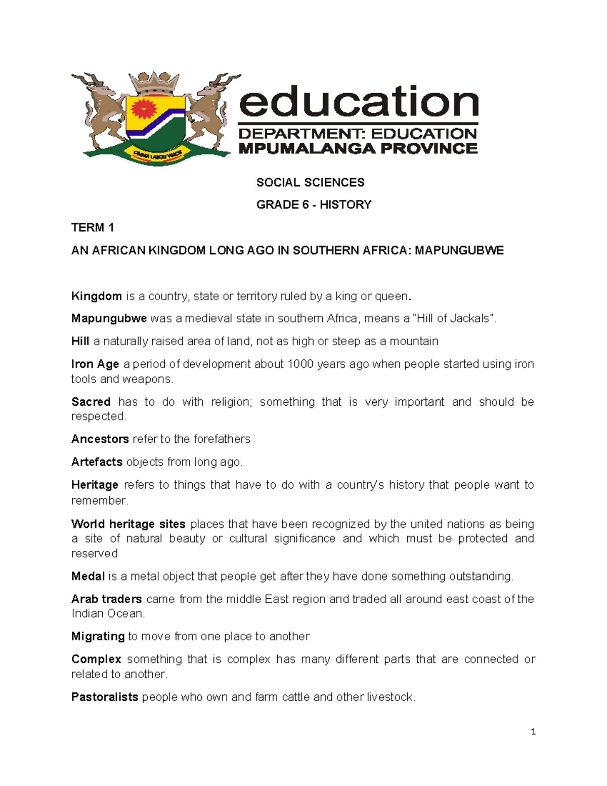 Grade 6 History Word Bank: Terms for Social Sciences - Term 1 to 3 ...