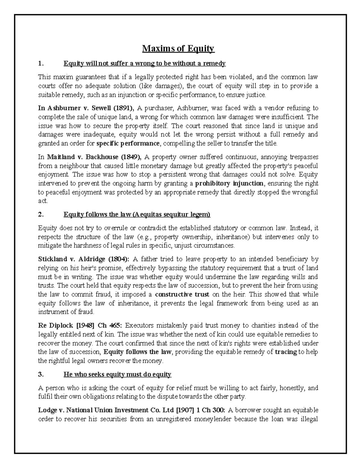 Maxims of Equity: Key Principles and Case Law Analysis - Studocu