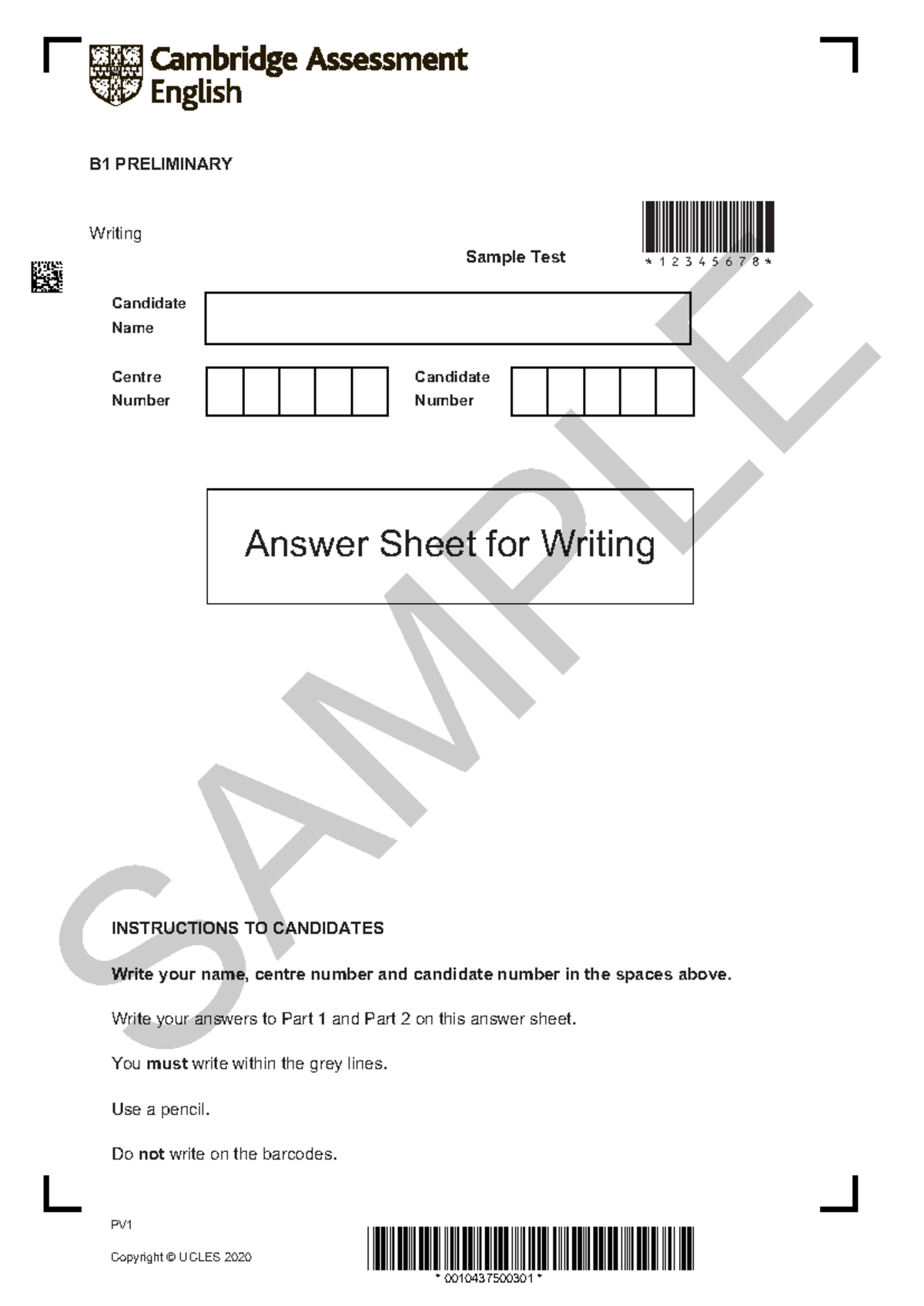 B1 Preliminary Writing Sample Test Answer Sheet *12345678* - Studocu