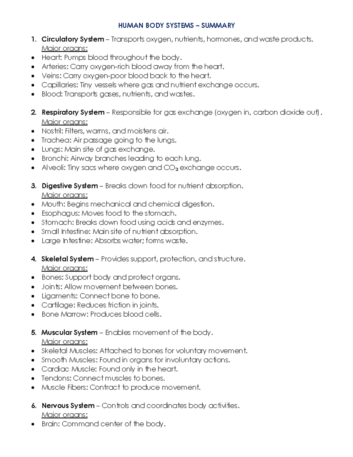 HUMAN BODY SYSTEMS SUMMARY - WEEK 1 PART 2 - GRADE 11 SCIENCE - Studocu