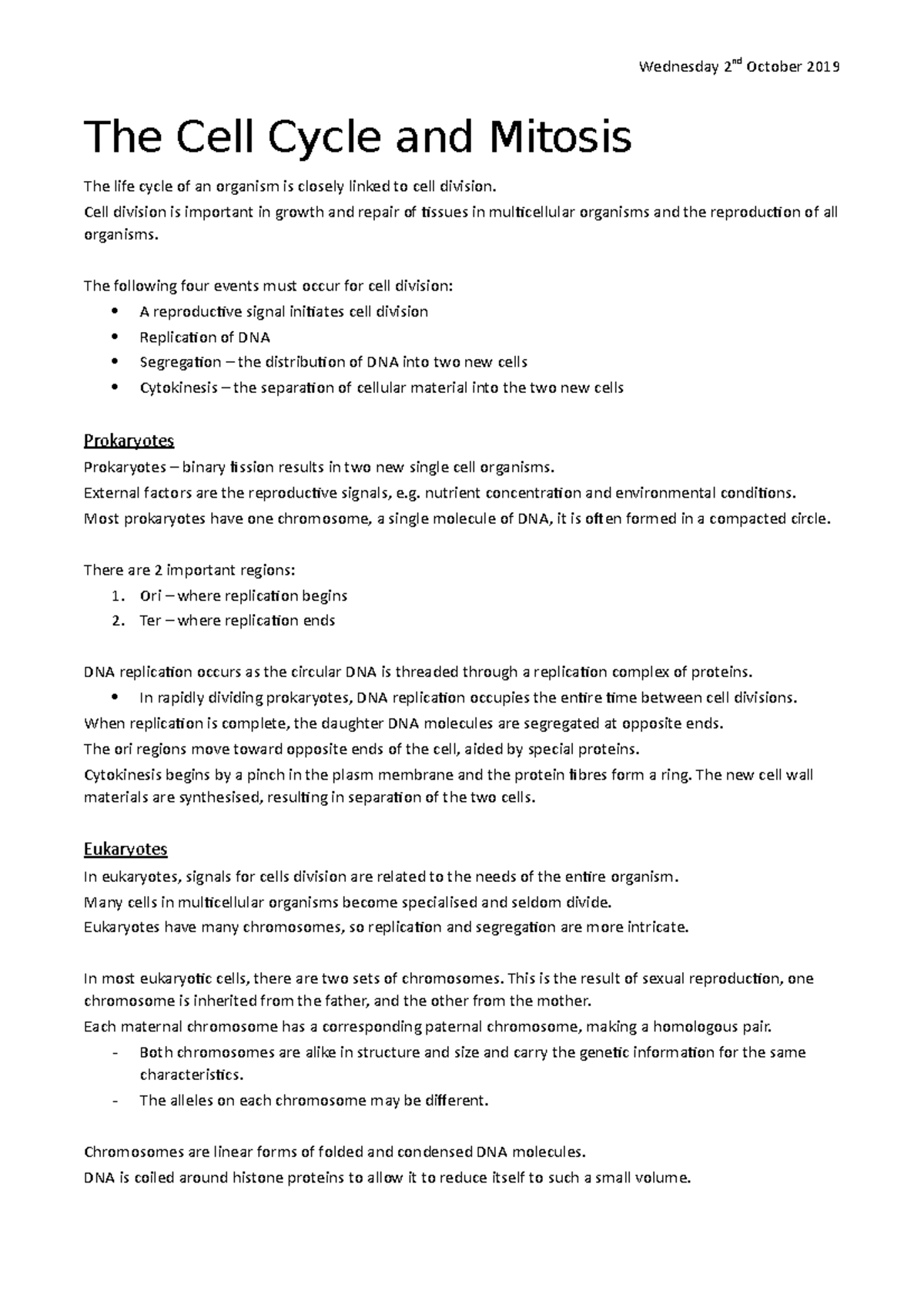 Week 2 - Mitosis - Lecture notes 1 and 2 - Wednesday 2nd October 2019 ...