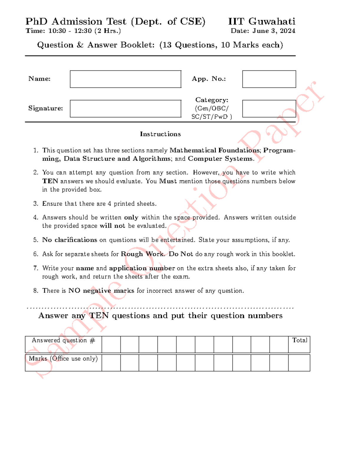 PhD Admission Test Model Question Paper - CSE, IIT Guwahati June 2024 ...