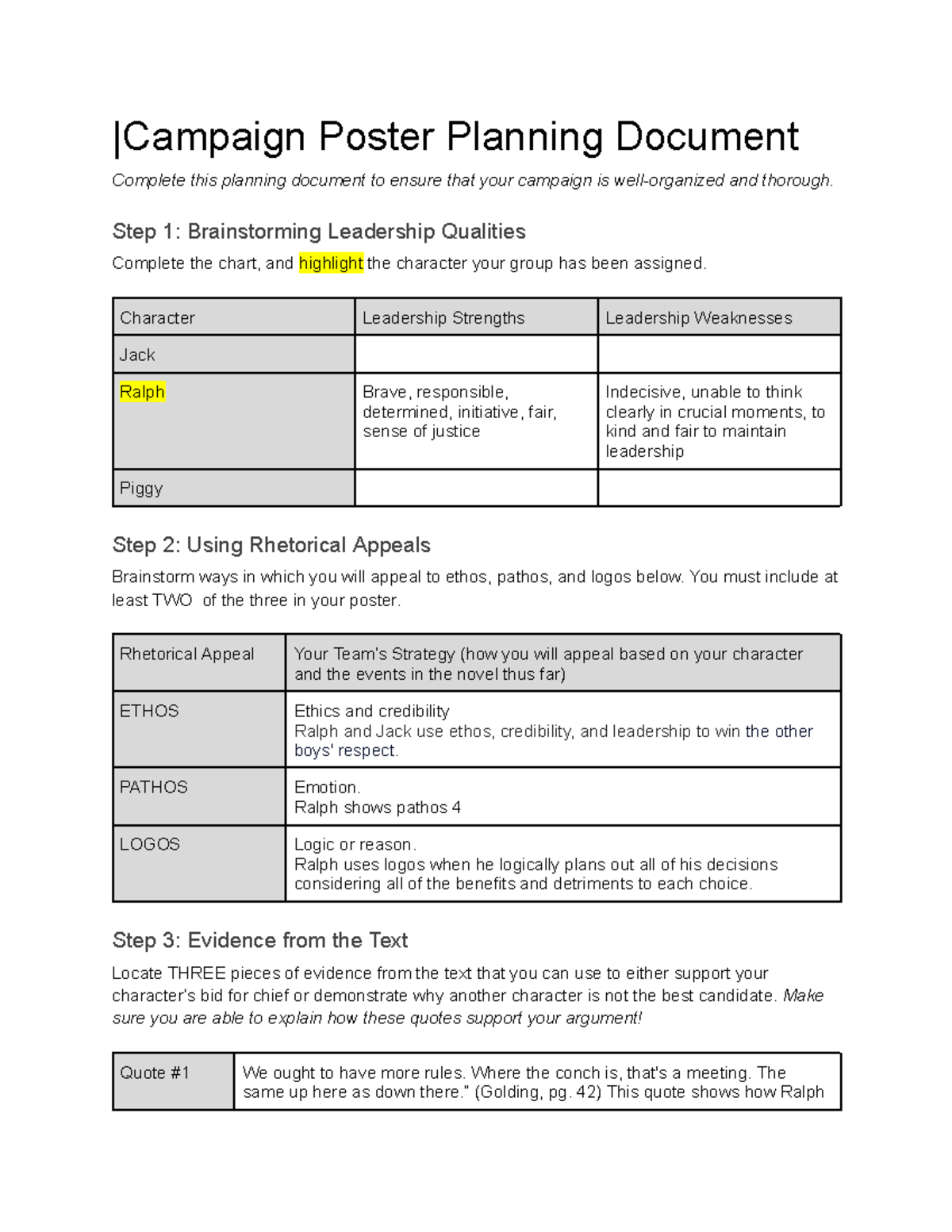 Campaign Poster Planning Document: Leadership Qualities & Rhetorical ...