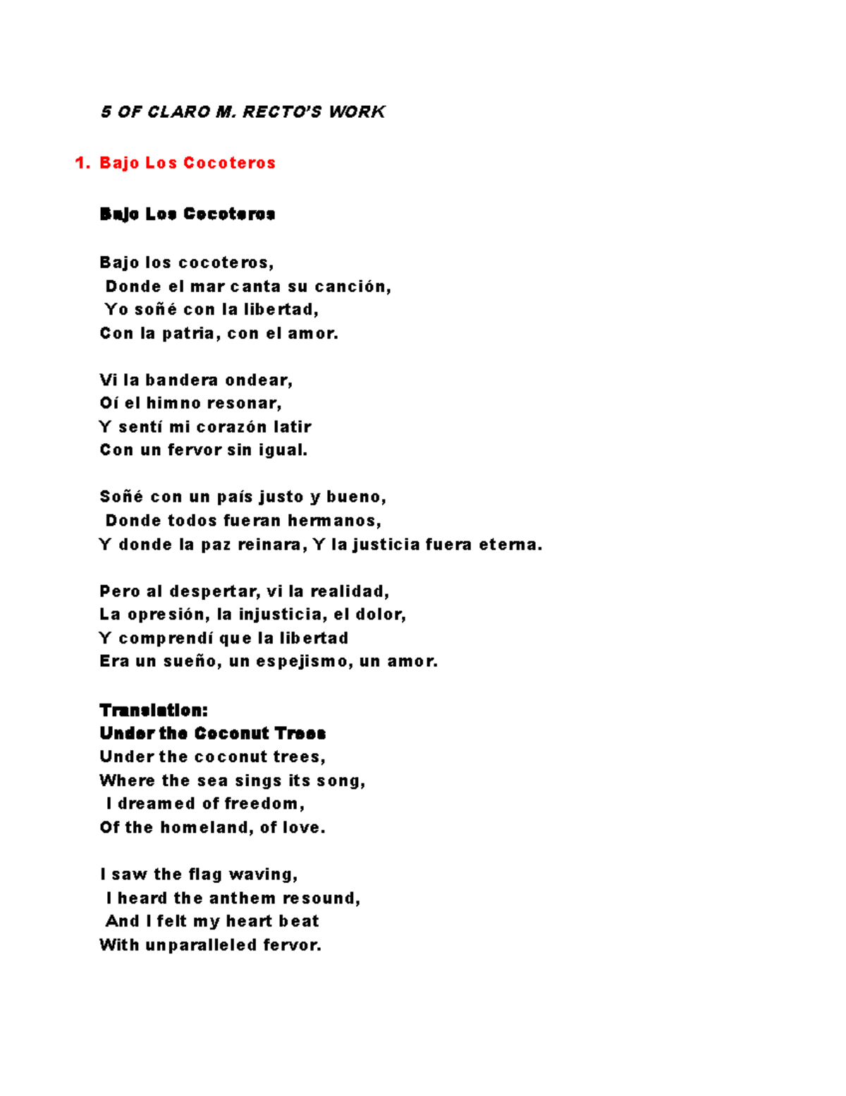 Claro M. Recto - 5 OF CLARO M. RECTO’S WORK Bajo Los Cocoteros Bajo Los ...