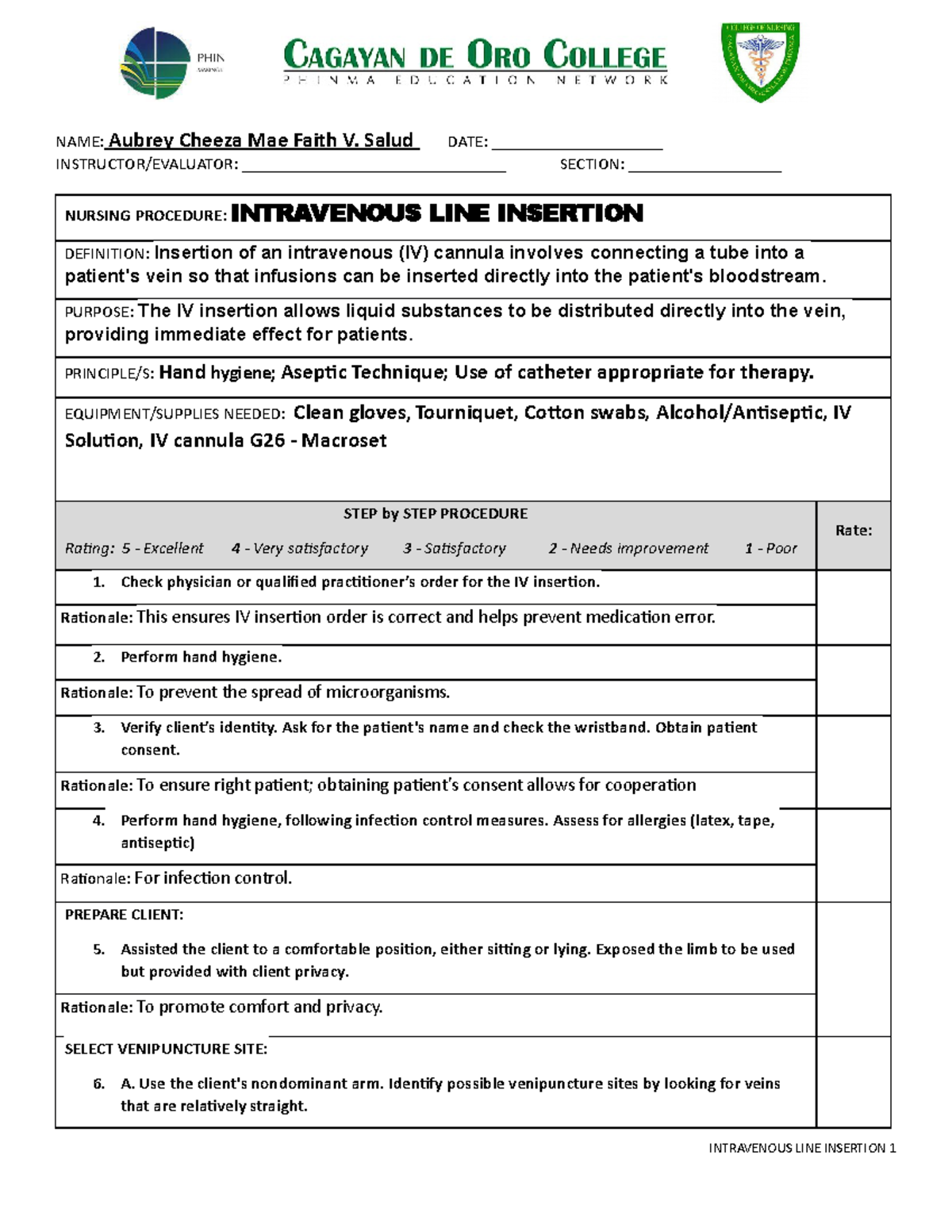 Checklist for IV Line Insertion Procedure in Nursing - Studocu