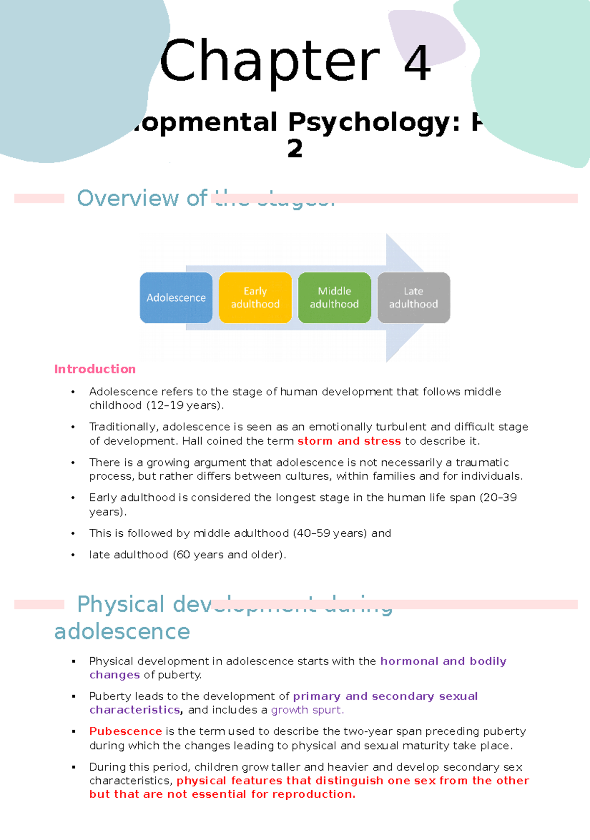 Psychology PSY101 Chapter 4 Developmental Stages Overview Notes - Studocu