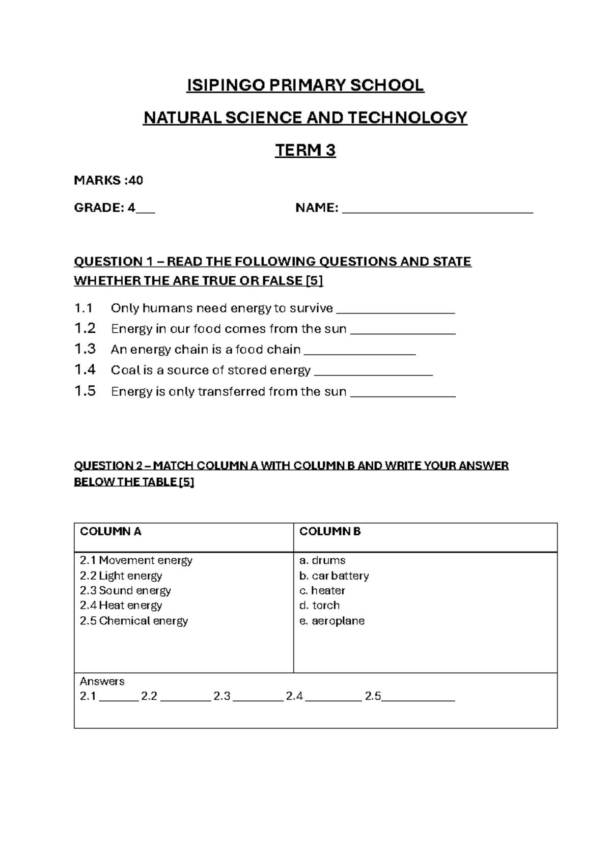 NST Grade 4 Term 3 Natural Science Test Example - Studocu