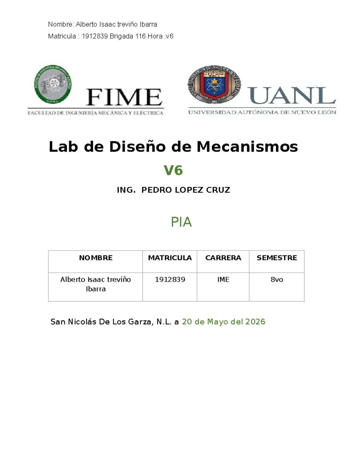 Prácticas de Diseño de Mecanismos V6 - 1912839 PIA - Studocu