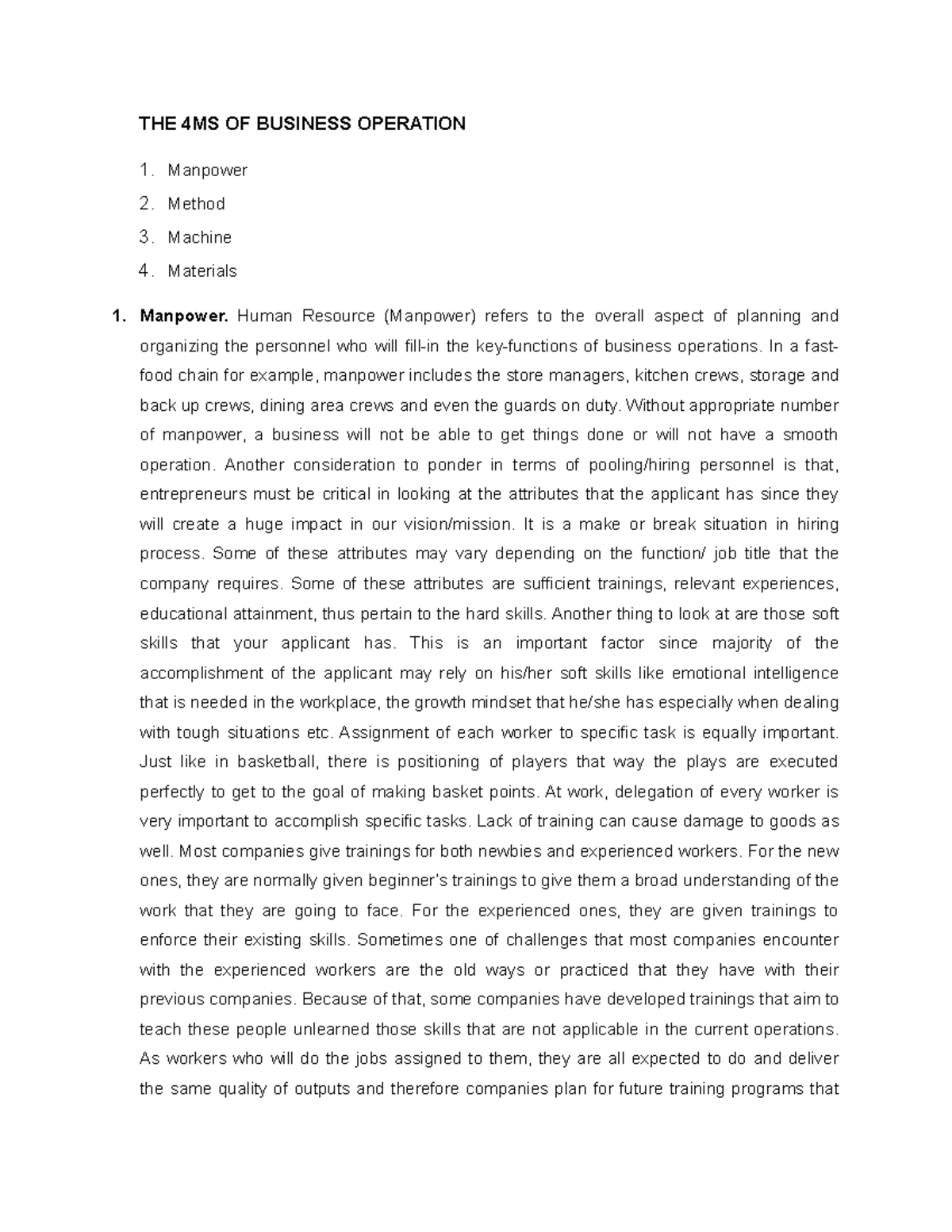 The 4Ms of Business Operations: Manpower, Methods, Machines, Materials ...