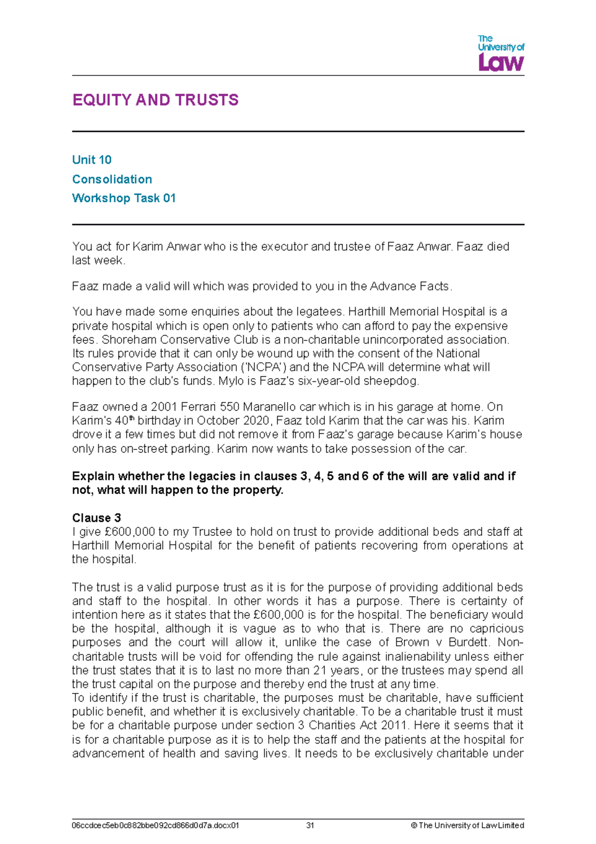 Unit 10 Workshop Task 01: Equity and Trusts Analysis - Studocu