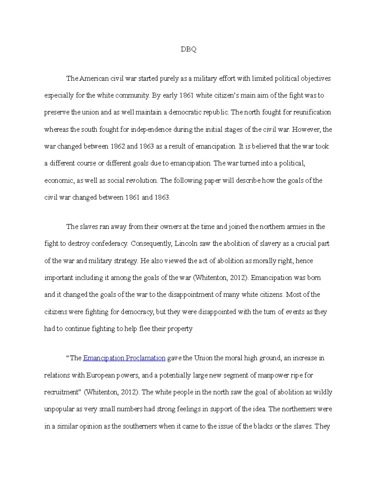 DBQ Civil War - Course work done using the US History textbook - DBQ ...