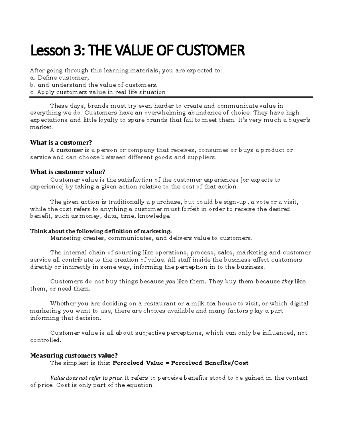 Lesson 3: Understanding and Delivering Customer Value - Studocu