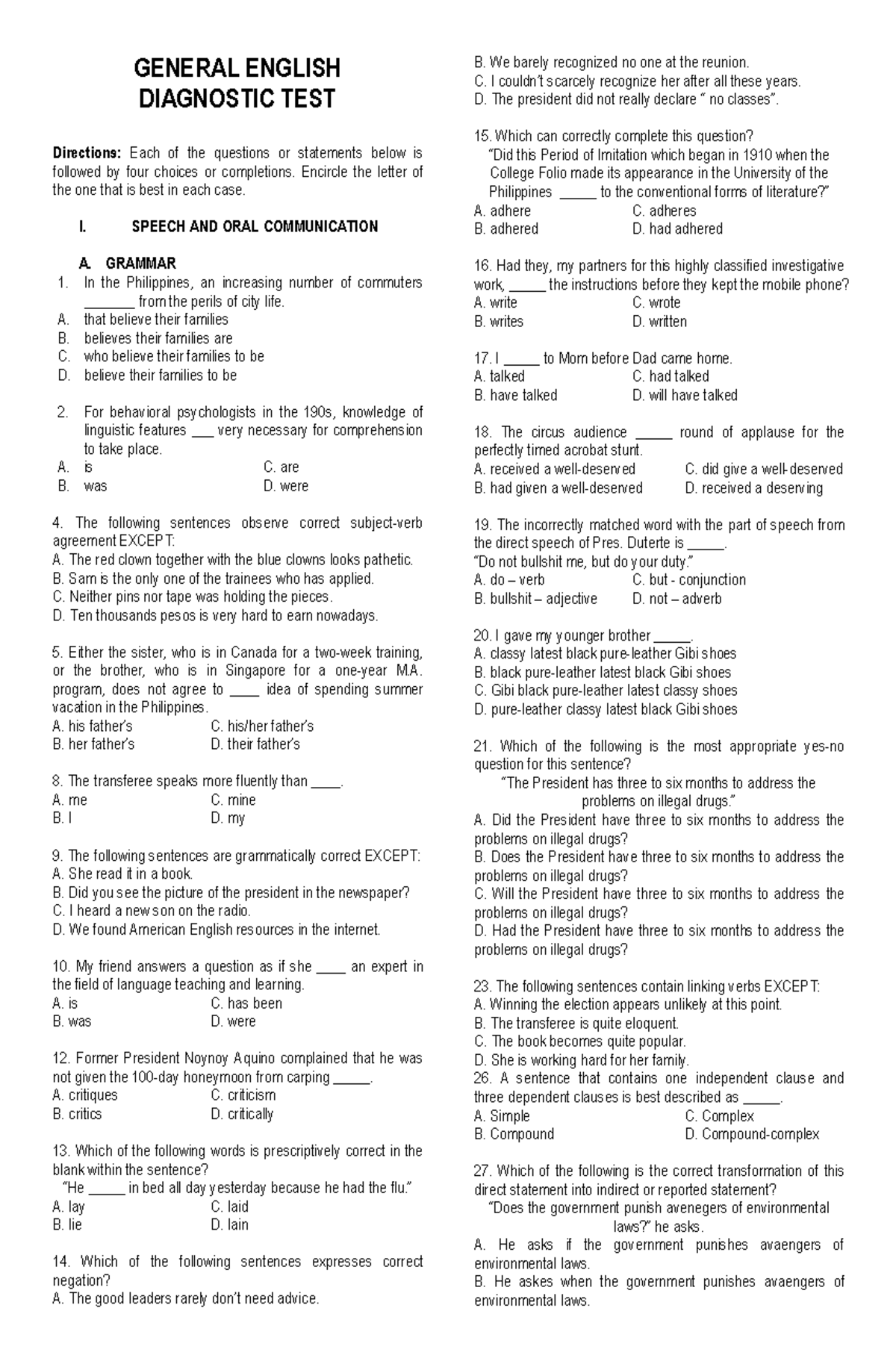 Final English Diagnostic Exam - Comprehensive Review and Practice - Studocu