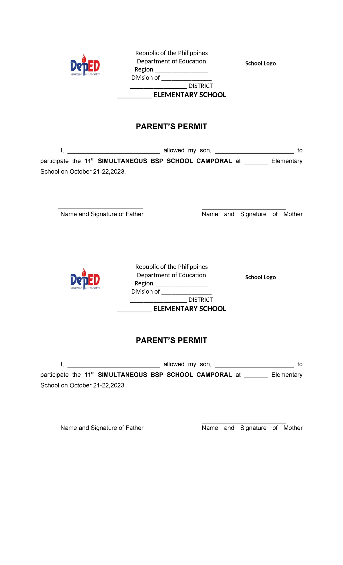 Bsp parents permit - reference - Republic of the Philippines Department ...