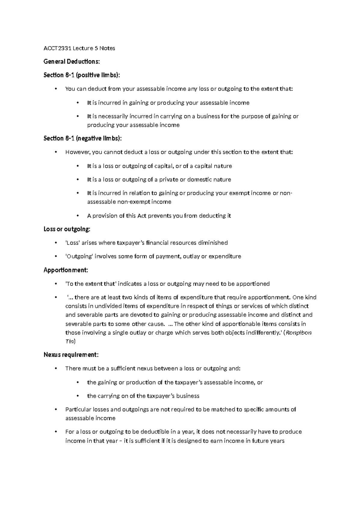 ACCT2331 Lecture 5 Notes: General Deductions Explained - Studocu