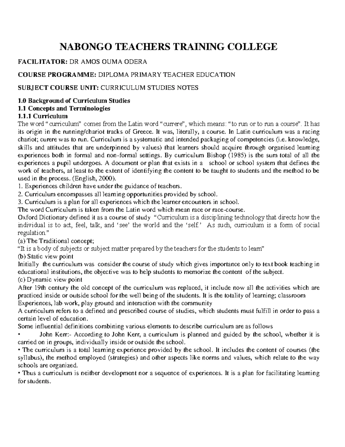 CURRICULUM STUDIES NOTES - DIPLOMA PRIMARY TEACHER EDUCATION - Studocu