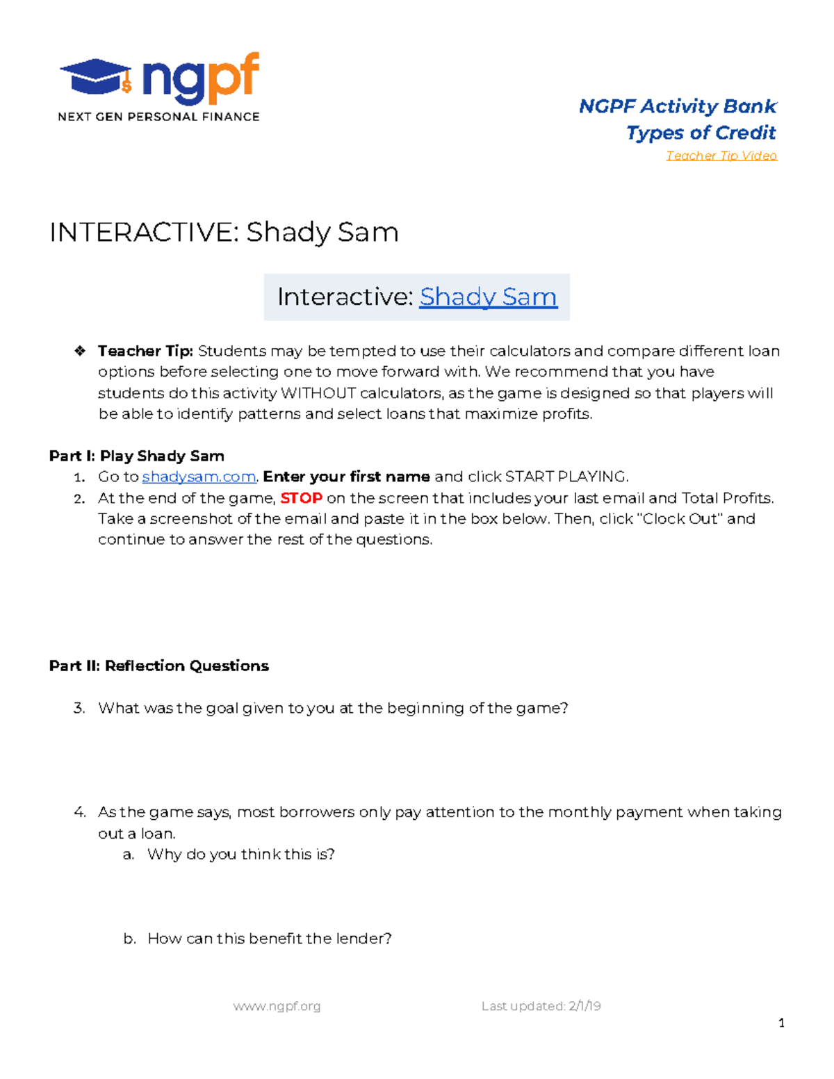 NGPF Activity Bank: Interactive Shady Sam Worksheet & Tips - Studocu